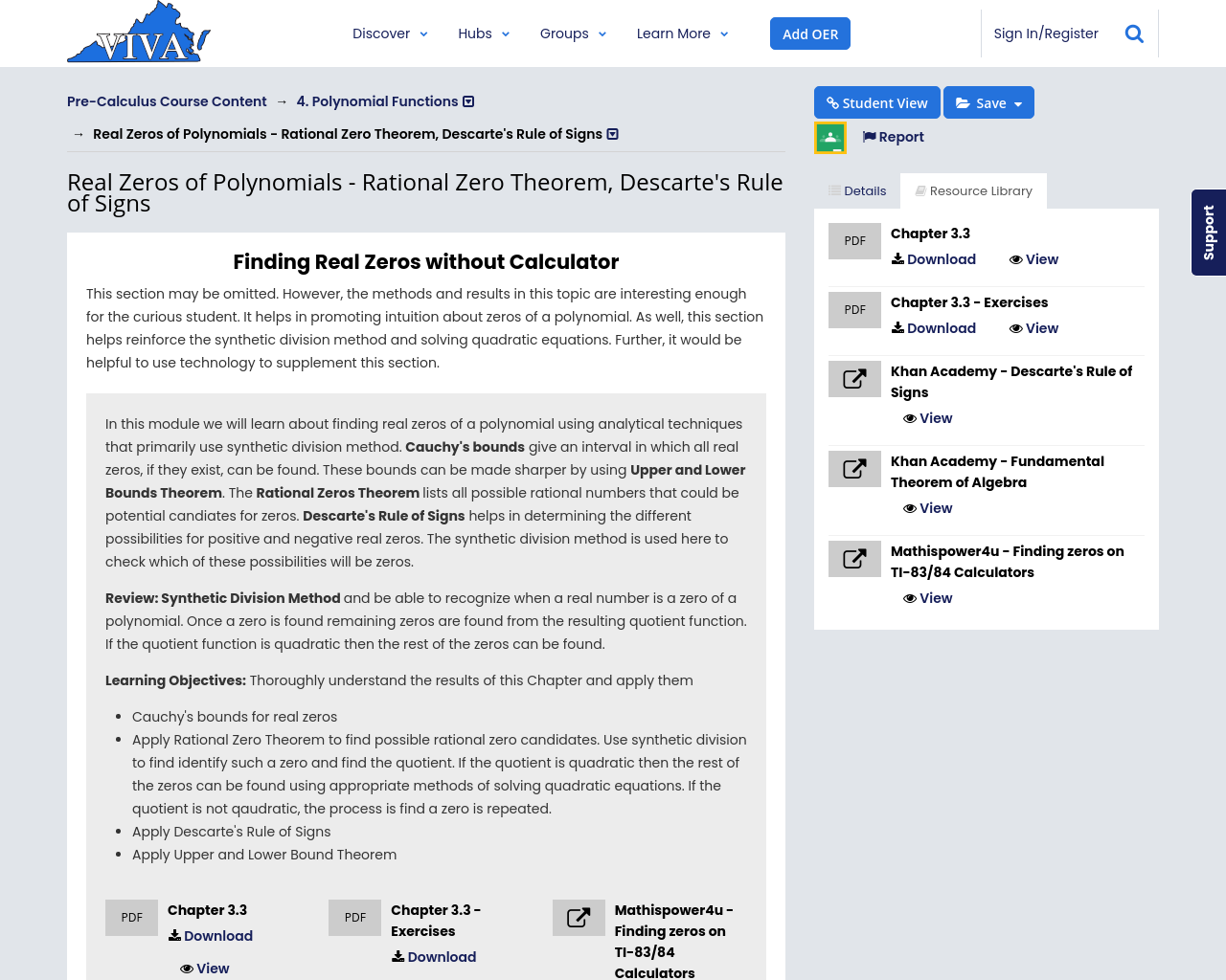 Pre-Calculus Course Content, 4. Polynomial Functions, Real Zeros of ...